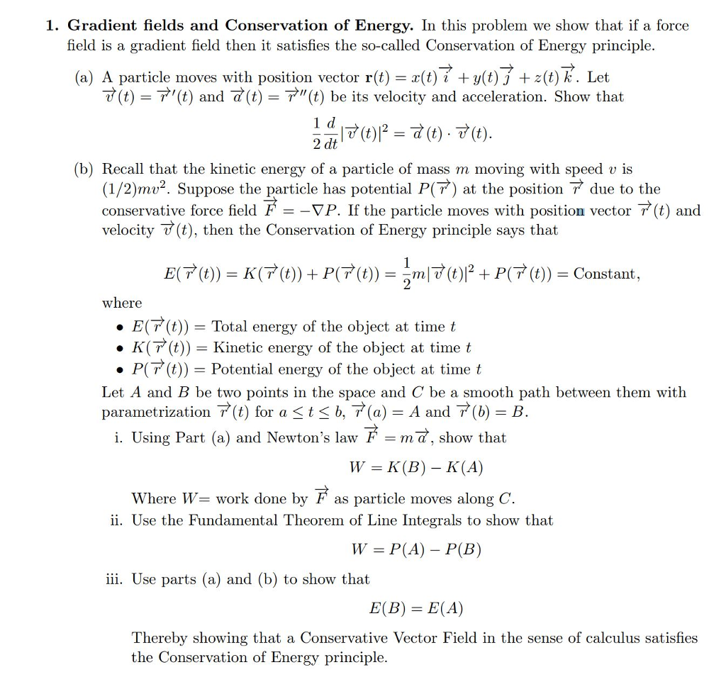 Solved 1. Gradient fields and Conservation of Energy. In | Chegg.com