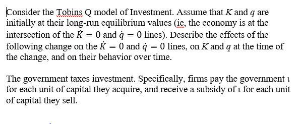 Solved Consider the Tobins Q model of Investment. Assume | Chegg.com