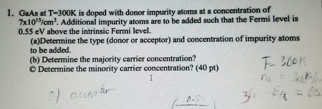 Solved GaAs at T=300K is doped with donor impurity atoms at | Chegg.com