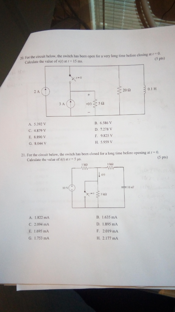 Solved 20. For the circuit below, the switch has been open | Chegg.com