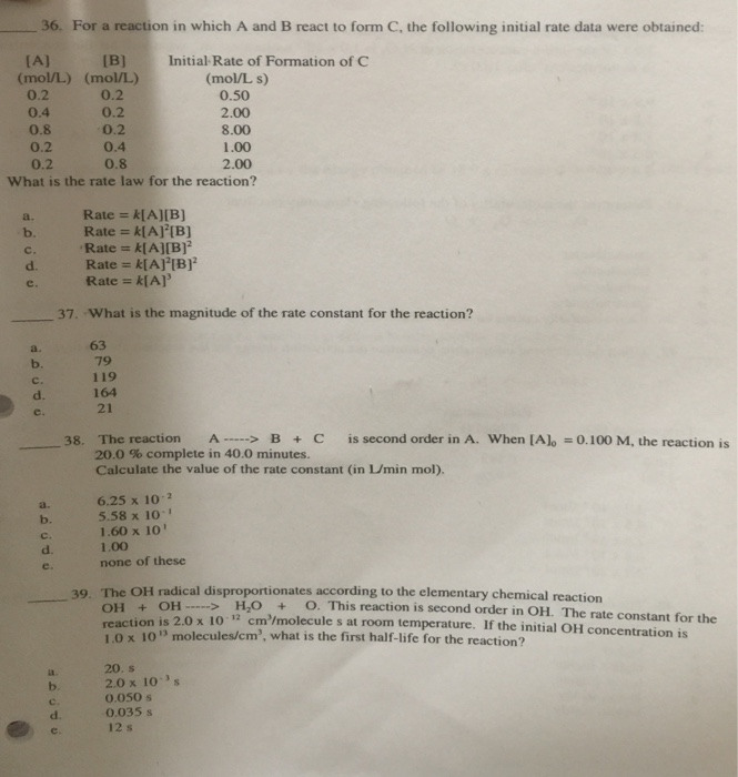 Solved For a reaction in which A and B react to form C, the | Chegg.com