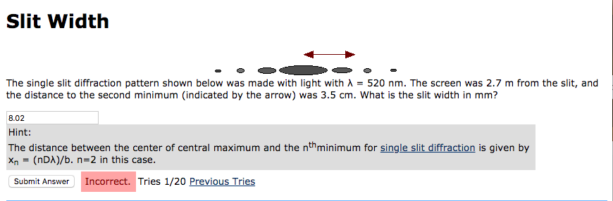 Solved Slit Width The single slit diffraction pattern shown | Chegg.com