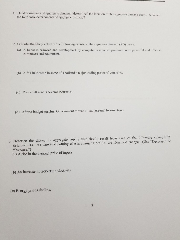 Solved 1 The Determinants Of Aggregate Demand Determine