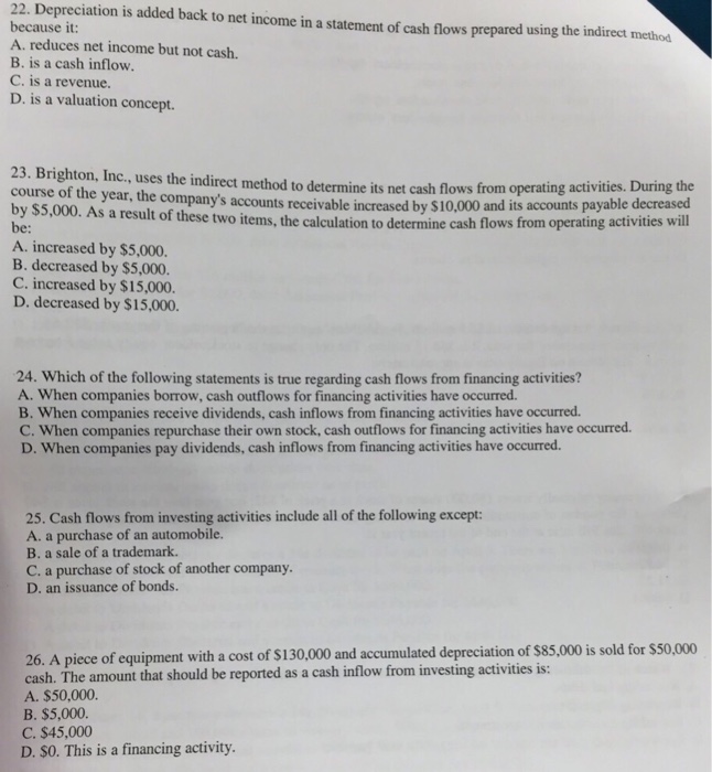 Solved 22. Depreciation is added back to net income in a | Chegg.com