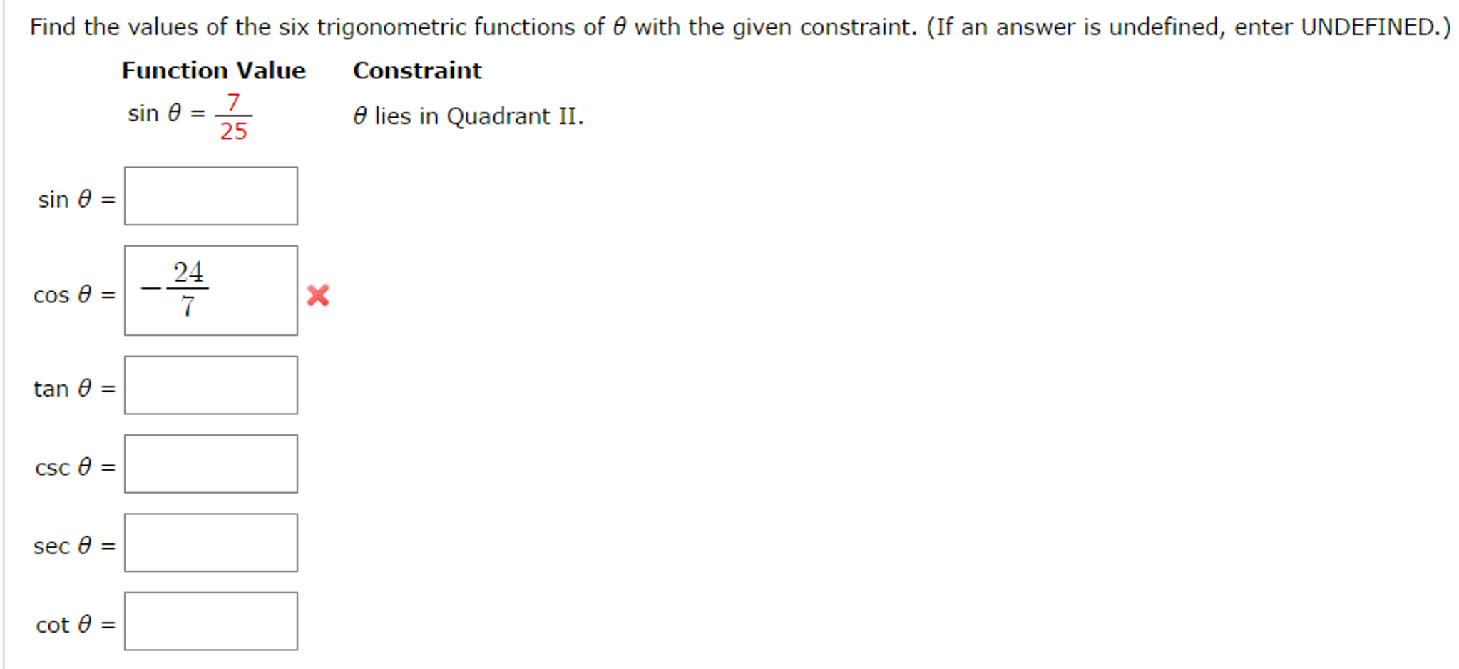 Solved Find the values of the six trigonometric functions of | Chegg.com
