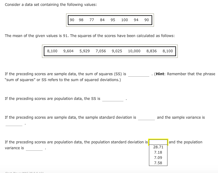 Solved Consider a data set containing the following values: | Chegg.com