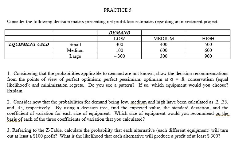 Solved Consider the following decision matrix presenting net | Chegg.com