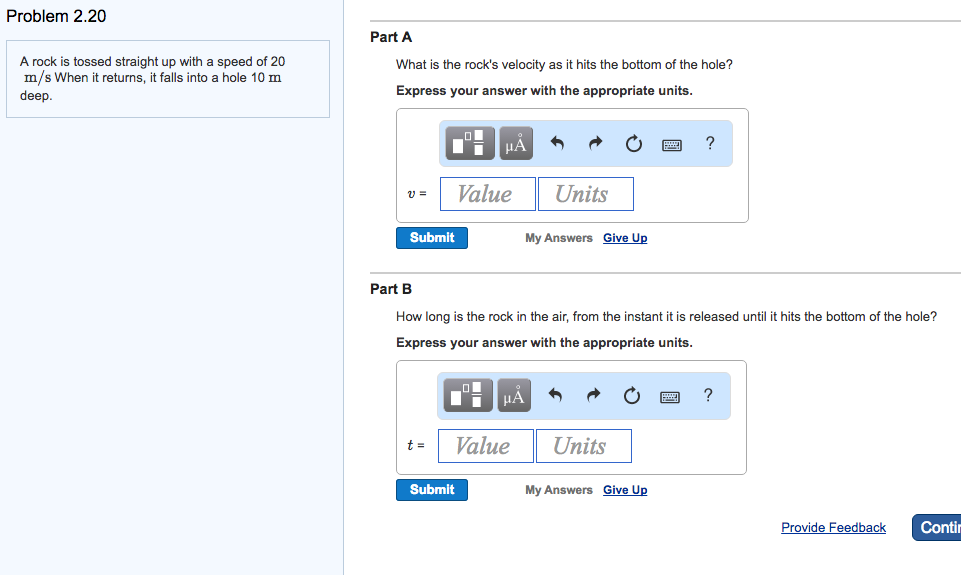 Solved A rock is tossed straight up with a speed of 20 m/s | Chegg.com