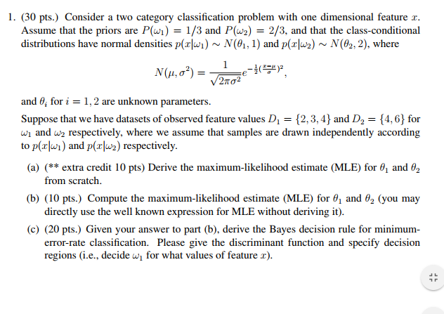 Solved 1. (30 pts.) Consider a two category classification | Chegg.com