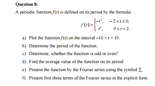 Solved A periodic function f(t) is defined on its period by | Chegg.com