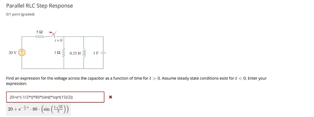 Solved Parallel RLC Step Response 0/1 point (graded) 5? 1-0 | Chegg.com