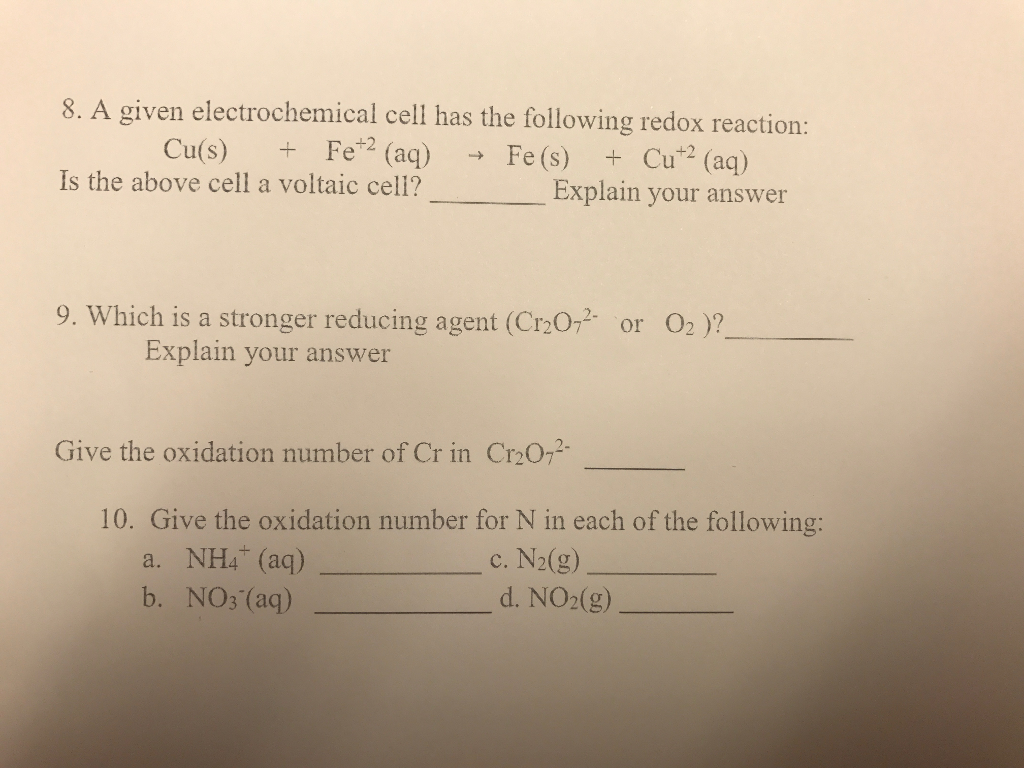 Solved A given electrochemical cell has the following redox | Chegg.com
