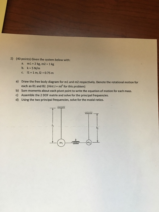 Solved Given the system below with: m1 = 2 kg, m2 =1 kg k | Chegg.com