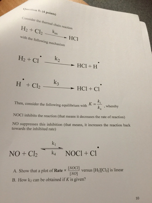 Solved Consider the thermal chain reaction H_2 + Cl_2 HCl | Chegg.com