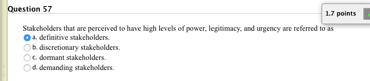 Solved Question 57 1.7 points Stakeholders that are | Chegg.com