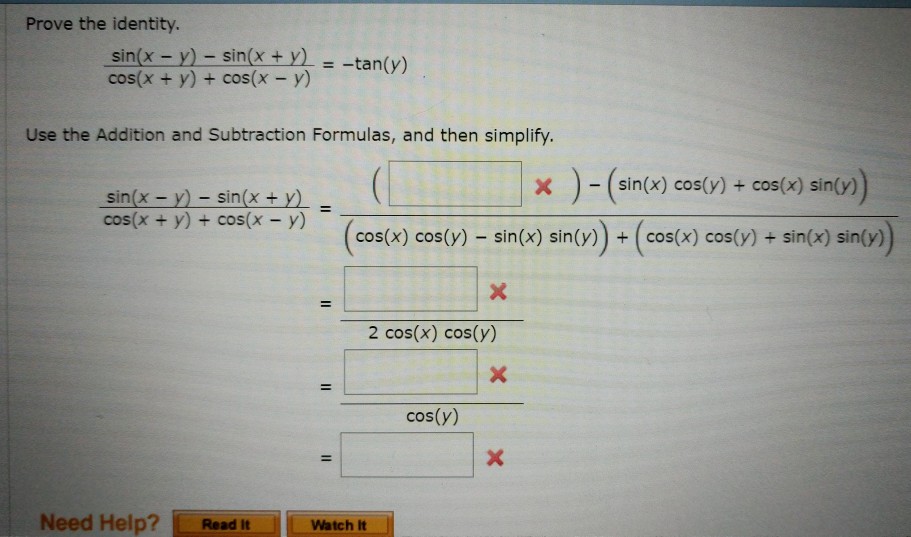 Solved Prove the identity. sin(x-y)-sin(x + y) =-tan(y) | Chegg.com