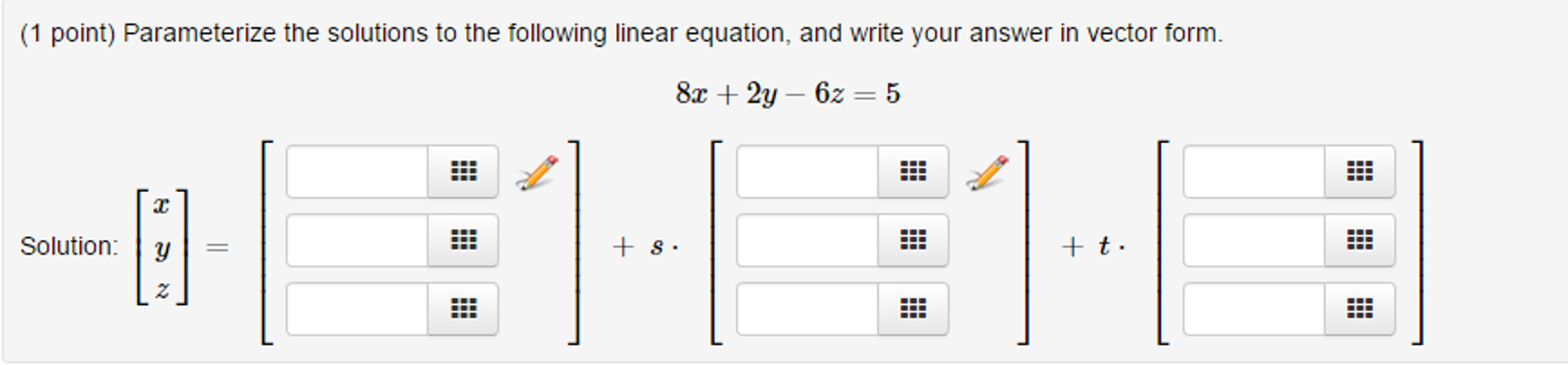 Solved Parameterize the solutions to the following linear | Chegg.com