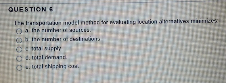 Solved QUESTION 6 The transportation model method for | Chegg.com