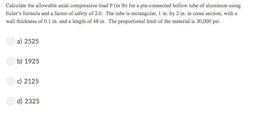 Solved Calculate the allowable axial compressive load P (in | Chegg.com