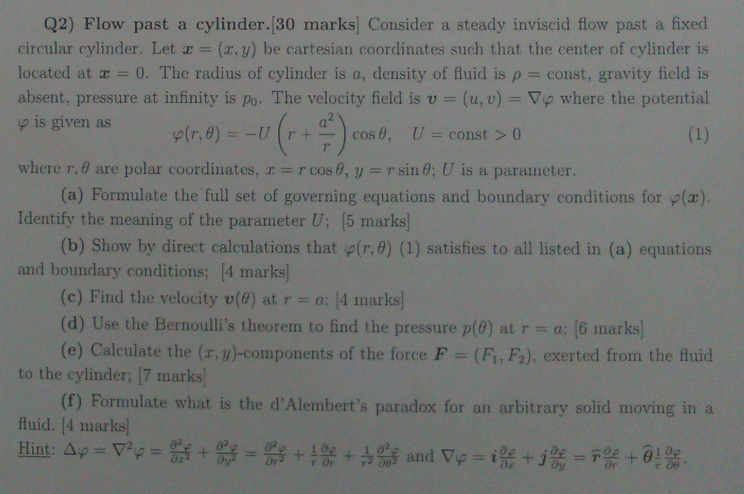 Consider a steady inviscid flow past a fixed circular | Chegg.com