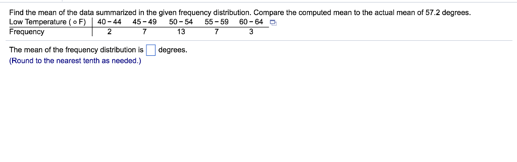 Solved Find the mean of the data summarized in the given | Chegg.com