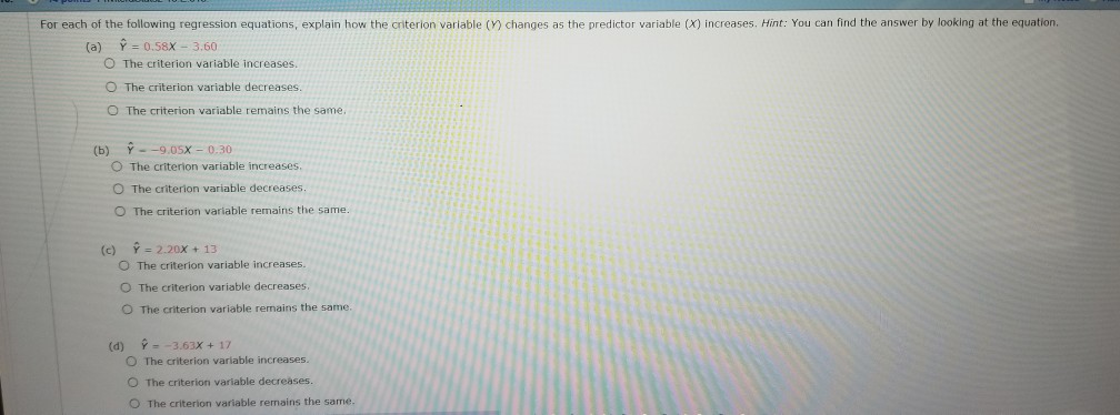 Solved For Each Of The Following Regression Equations 