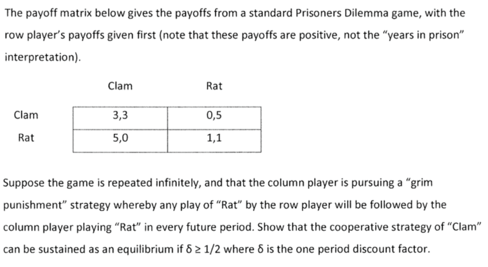 Solved The payoff matrix below gives the payoffs from a | Chegg.com
