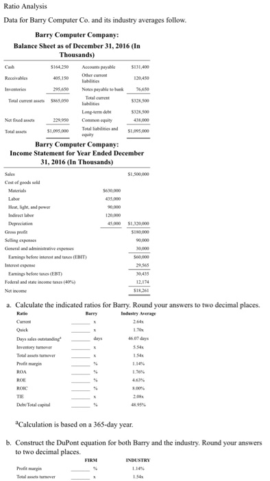 Solved Data for Barry Computer Co. and its industry averages | Chegg.com