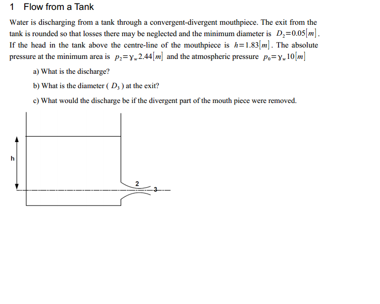 Solved 1 Flow from a Tank Water is discharging from a tank | Chegg.com