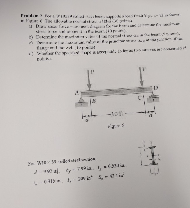 Solved Problem 2. For a W10x39 rolled-steel beam supports a | Chegg.com