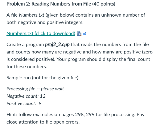 Solved Problem 2: Reading Numbers from File (40 points) A | Chegg.com