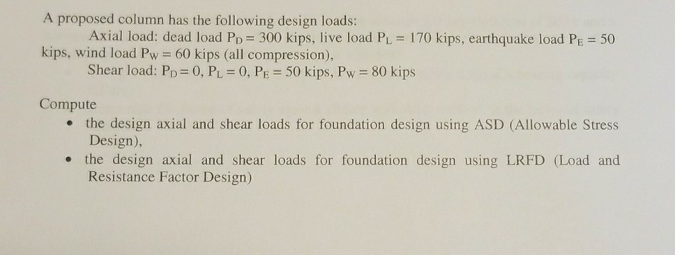 Solved A proposed column has the following design loads: | Chegg.com