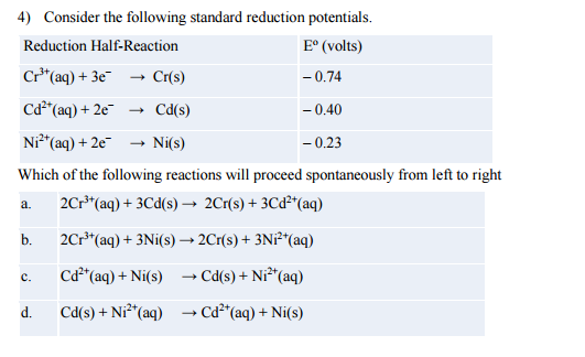 Solved Consider the following standard reduction potentials. | Chegg.com