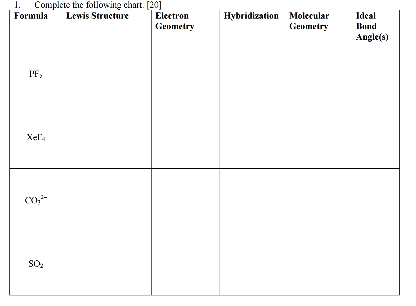 Solved l. Complete the following chart. [20] Formula Lewis | Chegg.com