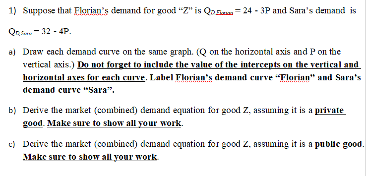 Solved 1) Suppose that Florian's demand for good "Z" is | Chegg.com