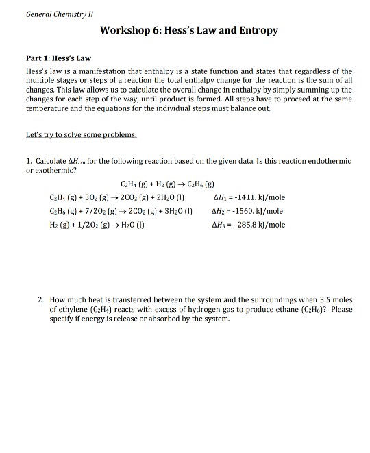 Solved General Chemistry II Workshop 6: Hess's Law and | Chegg.com