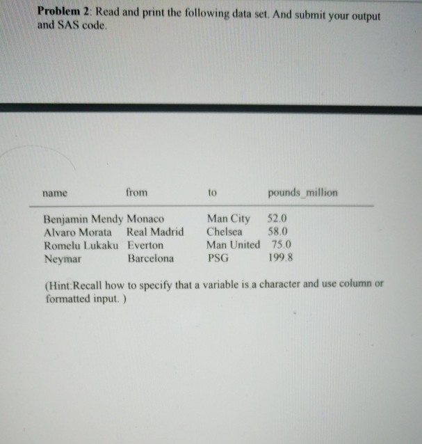 Solved Problem 2: Read and print the following data set. And | Chegg.com