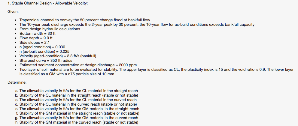 1. Stable Channel Design - Allowable Velocity: Given: | Chegg.com