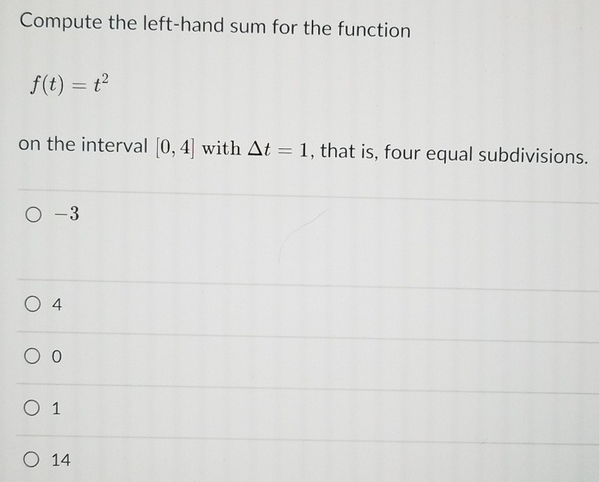 Solved Compute the left-hand sum for the function f(t)t2 on | Chegg.com