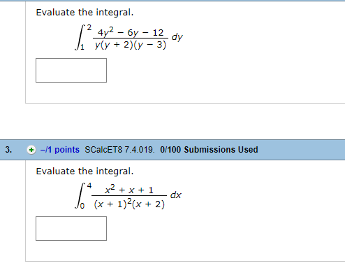 Solved 4y2-6y-12 dv 1 (2)(y - 3) + -/1 points SCalcET8 | Chegg.com