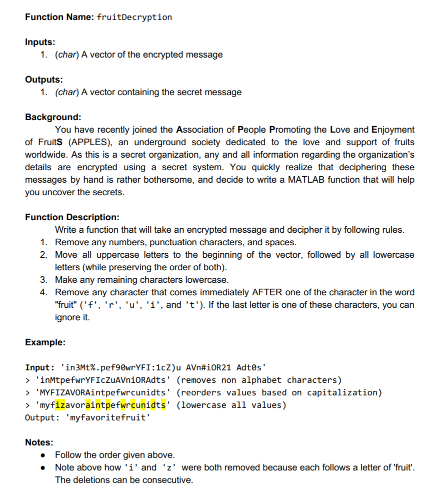 Solved Function Name Fruitdecryption Inputs 1 Char A 