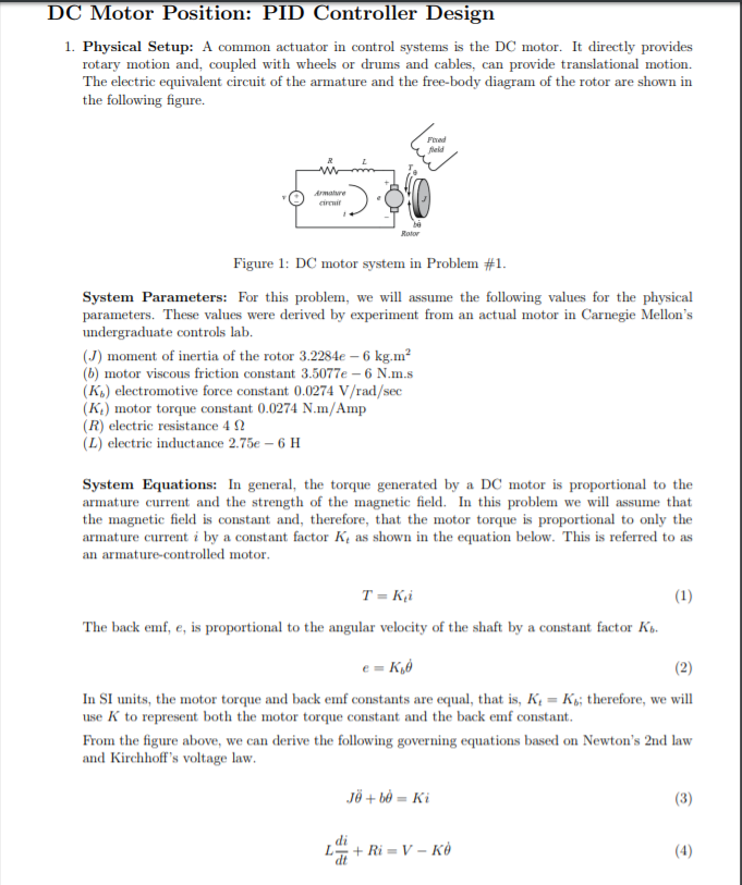 Solved Dc Motor Position Pid Controller Design 1 Physical
