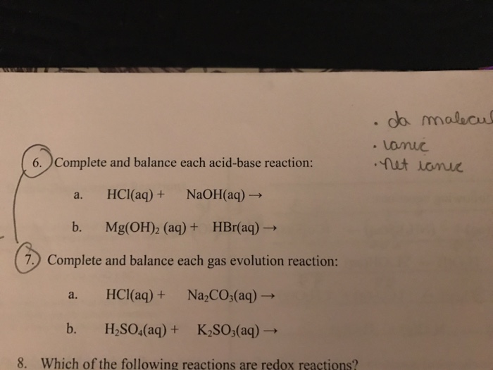 Solved Complete and balance each acid-base reaction: a. | Chegg.com