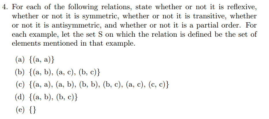 Solved For each of the following relations, state whether or | Chegg.com