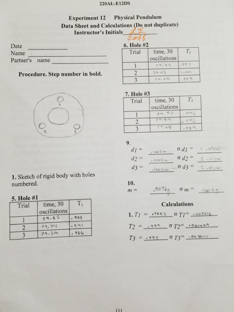 Solved 220AL-E12DS Experiment 12 Physical Pendulum Data | Chegg.com
