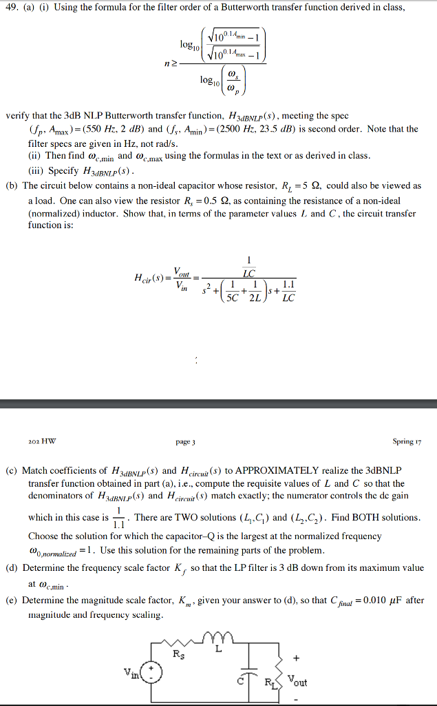 Solved Using the formula for the filter order of a | Chegg.com