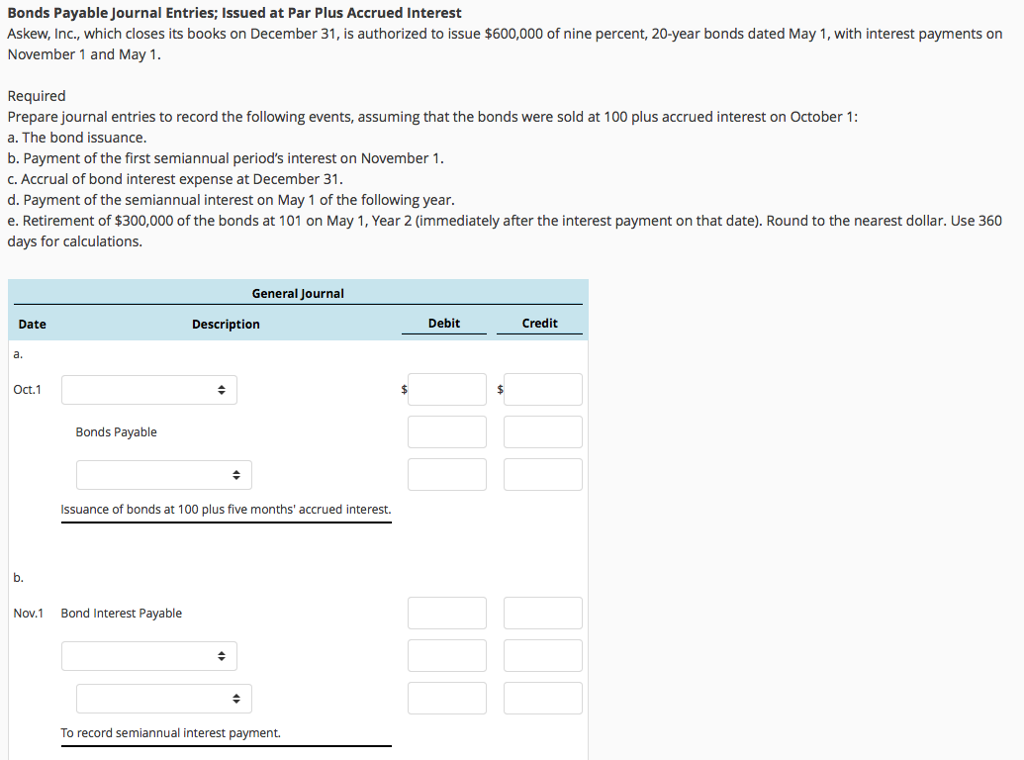 Solved Bonds Payable Journal Entries; Issued at Par Plus | Chegg.com