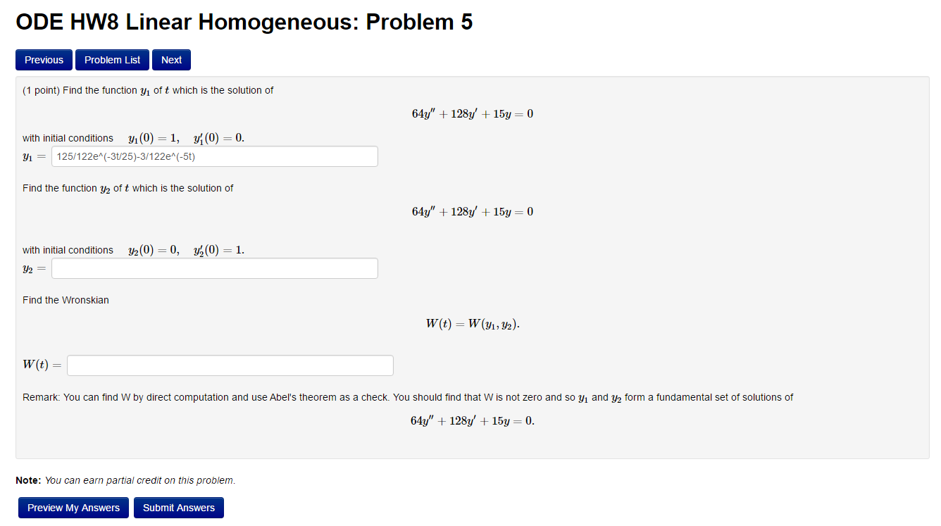 Solved ODE HW8 Linear Homogeneous: Problem 5 Previous | Chegg.com