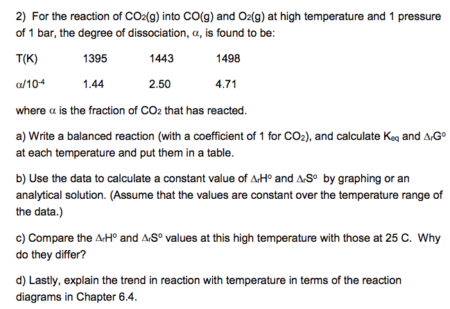 2) For the reaction of CO2(g) into CO(g) and O2(g) at | Chegg.com