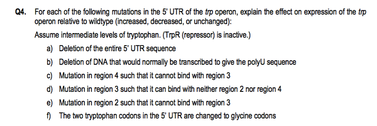 Solved Q4. For each of the following mutations in the 5 UTR | Chegg.com